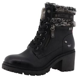 Winterstiefelette Mustang Shoes "Leila", Damen, Gr. 36, schwarz, Lederimitat, Textil, Schuhe, Winterstiefel mit Kunstfellkragen und Blockabsatz