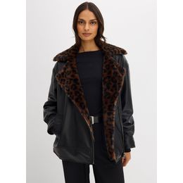 bonprix Lederimitat-Jacke mit Leoparden Kunstfell, schwarz