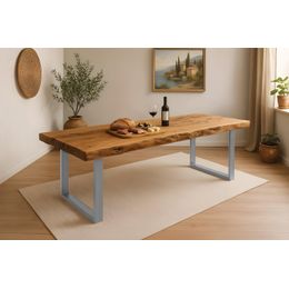 Esstisch Baumkante 250 x 100 cm Teakholz massiv U-Gestell silber KINAN