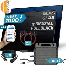 SUNNIVA&reg; 1000W Balkonkraftwerk BIFAZIAL FULLBLACK komplett Steckdose MARSTEK 800 Watt Wechselrichter, Solaranlage Komplettset, 2x 500W N-Type Glas Bifacial Solarmodule, 5m Kabel, 4x 1m Solarkabel