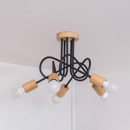 Helam Deckenlampe Oxford, schwarz, Holz, Metall, 5-fl,, Ø 47 cm