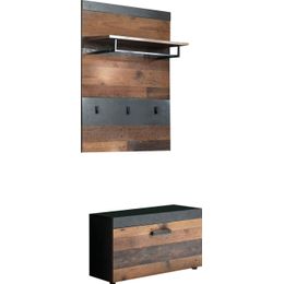Garderoben-Set Inosign "Ilana", grau (graphit grau matera, old wood, absetzung: graphit grau matera), Kastenmöbel-Sets, Garderobenmöbel im modernen Industrial Style mit antikfarbenen Griffen