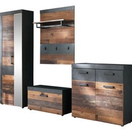 Garderoben-Set Inosign "Ilana", grau (graphit grau matera, old wood, absetzung: graphit grau matera), Kastenmöbel-Sets, Garderobenmöbel im modernen Industrial Style mit antikfarbenen Griffen