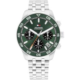 Chronograph Tommy Hilfiger "TH85 CHRONOGRAPH", silberfarben, grün, Armbanduhren, Herren, Quarzuhr, Armbanduhr, Herrenuhr, Edelstahlarmband, analog, Tag
