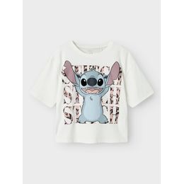 T-Shirt name it "NKFJIXI STITCH SS RLX TOP BOX NOOS WDI", Mädchen, Gr. 158/164, weiß (hellweiß), Jersey, Obermaterial: 95% Baumwolle, 5% Elasthan, bedruckt, relaxed fit normal, Rundhals, Shirts