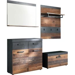 Garderoben-Set Inosign "Ilana", grau (graphit grau matera, old wood, absetzung: graphit grau matera), Kastenmöbel-Sets, Garderobenmöbel im modernen Industrial Style mit antikfarbenen Griffen