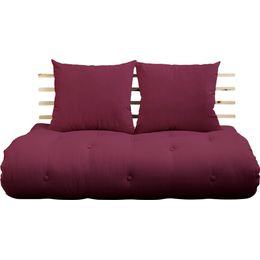Schlafsofa Karup Design "Shinsano, futonstil, R&uuml;ckenrahmen und zweiteiligem Kissenset", bunt (bordeauxrot), B:140cm, Sofas, Schlafsofa, aus massivem Kiefernholz, faltbarer Matratze, multifunktional, Scandi