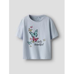 T-Shirt name it "NMFFREJANE SS NREG TOP", Mädchen, Gr. 92, blau (xenon blau), Web, Obermaterial: 95% Baumwolle, 5% Elasthan, bedruckt, regular fit, Rundhals, Shirts