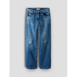5-Pocket-Jeans name it "NKFROSE für Mädchen mit Destroyed-Effekt und hohem Bund", Mädchen, Gr. 128, N-Gr, blau (dunkelblau denim), Denim/Jeans, Obermaterial: 79% Baumwolle, 21% Polyester, Destroyed-Effekte, normal knöchellang, Jeans, normal, Denim, Abriebeffekte, Reißverschluss