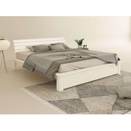 Massivholzbett OTTO HOME "Antri, Futonbett, ergonomisch geformtes Kopfteil, stilvolles Design", weiß, B:198cm H:79,2cm L:224,6cm, Betten, Rahmen zur Ablage von Smartphone, mit Lattenrost, Bettkasten optional