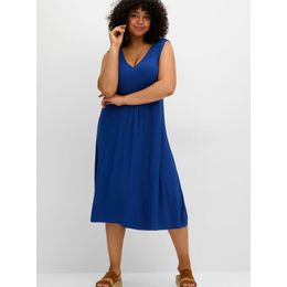 Jerseykleid sheego "Jerseykleid", Damen, Gr. 40, Normalgrößen, blaubeere, Jersey, 95% Viskose, 5% Elasthan, unifarben, knielang, V-Ausschnitt, Kleider