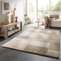 Wollteppich Theko "Nakarta 2", beige, B:140cm H:12mm L:200cm, Schurwolle, Teppiche, reine Wolle, handgeknüpft, Naturtöne, Patchworkdesign, meliert