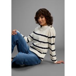 Rundhalspullover Laura Scott, Damen, Gr. 32/34, sanftes weiß gestreift, Grobstrick, Obermaterial: 50% Baumwolle, 50% Polyacryl, gestreift, figurumspielend hüftbedeckend, Rundhals, Rippbündchen, Pullover, Übergangspullover mit Zopfmuster und Streifen - NEUE KOLLEKTION