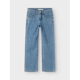 Straight-Jeans name it "NKFROSE STRAIGHT JEANS 3366-BE NOOS", Mädchen, Gr. 152, N-Gr, blau (denim blau), Denim/Jeans, Obermaterial: 100% Baumwolle, bedruckt, straight fit knöchellang, Jeans