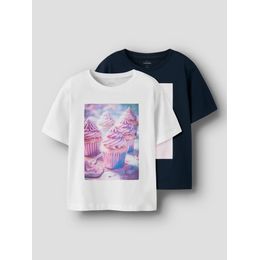 T-Shirt name it "NKFVOTEA 2P SS NREG TOP", Mädchen, Gr. 122/128, weiß (hellweiß pack:navy blazer, giraffe), Jersey, Obermaterial: 100% Baumwolle, bedruckt, regular fit normal, Rundhals, Shirts