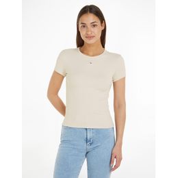 Kurzarmshirt Tommy Jeans "TJW SLIM ESSENTIAL RIB SS EXT", Damen, Gr. L (40), beige (newsprint), Single Jersey, Obermaterial: 95% Baumwolle, 5% Elasthan, unifarben, slim fit kurz, Rundhals, abgesteppt, Shirts, mit gerippter Struktur
