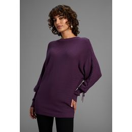Fledermauspullover Laura Scott, Damen, Gr. 44, lila mélange, Feinstrick, Obermaterial: 70% Viskose, 30% Polyamid, unifarben, figurumspielend hüftbedeckend, Rundhals, Fledermausärmel Rippbündchen, Pullover, Übergangspullover mit femininen Schnürdetails
