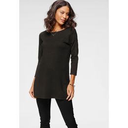 Longpullover Laura Scott, Damen, Gr. 34, schwarz, Feinstrick, Obermaterial: 70% Viskose, 30% Polyamid, meliert, unifarben, Basic, lässig geschnitten hüftbedeckend, Rundhals, Pullover, Feinstrick mit U-Boot Ausschnitt und seitlichem Schlitz