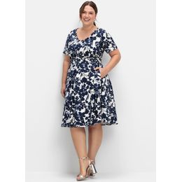 Sommerkleid sheego "Abendkleid", Damen, Gr. 58, Normalgrößen, blau (marine, gemustert), 97% Baumwolle, 3% Elasthan, geblümt, gemustert, mehrfarbig, knielang, V-Ausschnitt, Kleider
