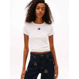 Kurzarmshirt Tommy Jeans "TJW SLIM BADGE RIB TEE", Damen, Gr. L (40), beige (ecru), Single Jersey, Obermaterial: 95% Baumwolle, 5% Elasthan, unifarben, slim fit kurz, Rundhals, abgesteppt, Shirts, mit gerippter Struktur