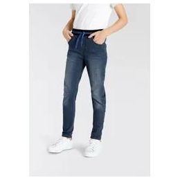 Schlupfjeans Kangaroos "Stretch-Jeans mit schmalem Bein f&uuml;r Jungen", Jungen, Gr. 158, N-Gr, blau (blau stone), Denim/Jeans, Obermaterial: 75% Baumwolle, 24% Polyester, 1% Elasthan, Basic schmal, Jeans Schlupfjeans, schmale Beinform, Used-Waschung, komfortable Leibh&ouml;he