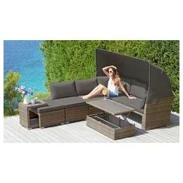 Gartenlounge-Set Konifera "Hawaii Premium", beige (beige,), B:219cm H:71cm T:142cm, Aluminium, Polyrattan, Sitzmöbel-Sets, Gartenmöbel-Set, mit aufklappbarem Dach und zur Sonneninsel umbaubar, Aluminium