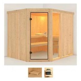 Sauna Karibu "Frigga 3", beige (naturbelassen), ohne Ofen, (ohne Ofen), Saunen, ohne Ofen