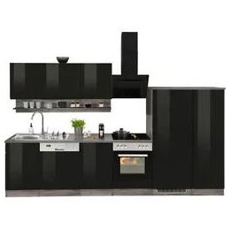 Küchenzeile KOCHSTATION "KS-Virginia", schwarz (küche: schwarz, front: schwarz hochglanz, korpus: eiche vintage, arbeitsplatte: eiche vintage), B:330cm H:200cm T:60cm, Komplettküchen-Sets, Breite 330 cm, wahlweise mit E-Geräten