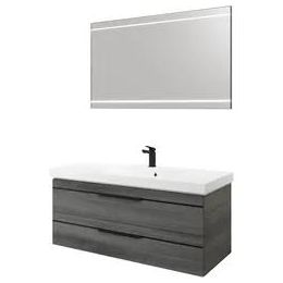 Badmöbel-Set SAPHIR "Balto 2-teilig Mineralmarmor-Waschtisch mit LED-Spiegel, 123 cm breit", grau (graphit struktur quer nachbildung mit schwarzer einlage), B:123cm H:200cm T:50,8cm, Spanplatte, Kastenmöbel-Sets, Waschplatz mit 2 Schubladen, Badschrank inkl. Schubladendämpfer