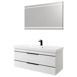 Badmöbel-Set SAPHIR "Balto 2-teilig Mineralmarmor-Waschtisch mit LED-Spiegel, 123 cm breit", weiß (weiß hochglanz mit schwarzer einlage), B:123cm H:200cm T:50,8cm, Spanplatte, Kastenmöbel-Sets, Waschplatz mit 2 Schubladen, Badschrank inkl. Schubladendämpfer