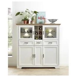 Highboard Innostyle "Jasmin", weiß (piniefarben, weiß, eichefarben), Holzwerkstoff piniefarben-weiß (Korpus)/MDF piniefarben-weiß (Front)/MDF eichefarben (Absetzung), Holzwerkstoff, MDF, Sideboards, 2 Glas-/Holztüren, 8 offene Fächer, inkl. LED-Beleuchtung