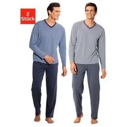 Pyjama Le Jogger, Herren, Gr. 52/54 (L), blau (blau, marine, grau, anthrazit), Single Jersey, Obermaterial: 100% Baumwolle, gestreift, Basic, lang, V-Ausschnitt, abgesteppte Kante, Homewear-Sets Pyjama, Schlafanzug mit garngef&auml;rbten Streifen