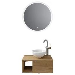 Badmöbel-Set SAPHIR "Serie 6915", braun (halifax eiche, halifax eiche), B:70cm H:200cm T:35cm, Kastenmöbel-Sets, Gäste-Bad, 70 cm breit, mit LED-Spiegel, offenem Fach und 1 Tür