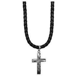 Kette mit Anhänger Kuzzoi "Herren Lederkette Kreuz Oxidiert Matt 925 Silber" Gr. 55, silber, Halsketten, Herren, 55, ohne Stein, Silber 925 (Sterlingsilber), L: 50