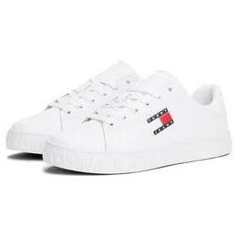 Tommy Hilfiger Plateausneaker TOMMY JEANS "TJW LOGO OUTSOLE SNEAKER ESS", Damen, Gr. 37, weiß, Leder, Lederimitat, Schuhe, Freizeitschuh, Halbschuh, Schnürschuh mit seitlicher Logoflagge