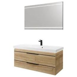 Badmöbel-Set SAPHIR "Balto 2-teilig Mineralmarmor-Waschtisch mit LED-Spiegel, 123 cm breit", braun (riviera eiche quer nachbildung mit schwarzer einlage), B:123cm H:200cm T:50,8cm, Spanplatte, Kastenmöbel-Sets, Waschplatz mit 2 Schubladen, Badschrank inkl. Schubladendämpfer