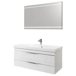 Badmöbel-Set SAPHIR "Balto 2-teilig Mineralmarmor-Waschtisch mit LED-Spiegel, 123 cm breit", weiß (weiß hochglanz mit chromeinlage), B:123cm H:200cm T:50,8cm, Spanplatte, Kastenmöbel-Sets, Waschplatz mit 2 Schubladen, Badschrank inkl. Schubladendämpfer