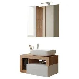 Badmöbel-Set Welltime "Hamburg, Badezimmerset 2tlg. Breite 79 cm, Badmöbel, Waschtisch inkl.", braun (weiß, eiche cadiz nb), B:79cm H:190cm T:49cm, Kastenmöbel-Sets, Waschbecken, Spiegelschrank mit LED Aufbauleuchte, Soft-Close-Funktion