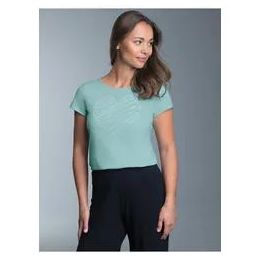 T-Shirt TRIGEMA "TRIGEMA Slim Fit T-Shirt mit glitzerndem Herz-Printmotiv", Damen, Gr. S, blau (gletscher), 100% Baumwolle, Basic, Shirts