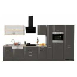 Küchenzeile KOCHSTATION "KS-Utah", grau (küche: grau, korpus: graphit, arbeitsplatte: eiche sonoma), B:390cm T:60cm, Komplettküchen-Sets, mit E-Geräten und großer Kühl- Gefrierkombination, Breite 390 cm