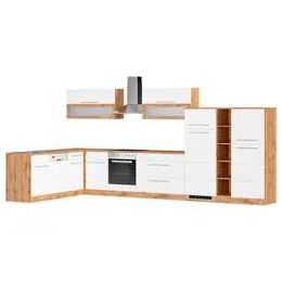 Winkelküche KOCHSTATION "KS-Wien", küche: weiß, front: weiß, korpus: wotaneichefarben, arbeitsplatte: wotaneichefarben, B:220cm H:200cm T:420cm, Komplettküchen-Sets, Stellbreite 220 x 330 cm, wahlweise mit E-Geräten