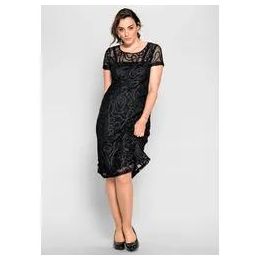 Spitzenkleid sheego "Spitzenkleid", Damen, Gr. 54, Normalgrößen, schwarz, 100% Polyamid, unifarben, knielang, Rundhals, Kleider
