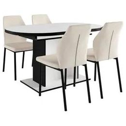 Essgruppe OTTO HOME "Basel, Tischgruppe mit 4 Stühlen, Esstisch ausziehbar 140 - 180 cm", weiß (weiß, creme,), Webstoff, Auszugsplatte, Sitzmöbel-Sets, BESTSELLER, Sitzgruppe, Tisch, Stühle, ovale Tischplatte, Säulentisch