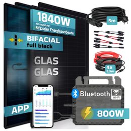 SUNNIVA&reg; 1840W Balkonkraftwerk BIFAZIAL FULLBLACK komplett Steckdose MARSTEK 800 Watt Wechselrichter, Solaranlage Komplettset, 4x460W N-Type Glas-Glas Bifacial Solarmodule, 5m Kabel, 4x2.5m Solarkabel
