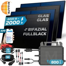 SUNNIVA&reg; 2000W Balkonkraftwerk BIFAZIAL FULLBLACK komplett Steckdose MARSTEK 800 Watt Wechselrichter, Solaranlage Komplettset, 4x500W N-Type Glas-Bifacial Solarmodule, 5m Kabel, 4x2.5m Solarkabel
