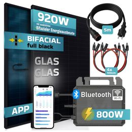 SUNNIVA&reg; 920W Balkonkraftwerk BIFAZIAL FULLBLACK komplett Steckdose MARSTEK 800 Watt Wechselrichter, PV Solaranlage Komplettset, 2x460W N-Type Glas-Glas Bifacial Solarmodule, 5m Kabel, 4x1m Solarkabel