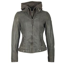 Lederjacke Mauritius "CASEY", Damen, Gr. XS, grau (anthrazit), Obermaterial: 100% Schafsleder. Futter: 100% Baumwolle. Ärmelfutter: 100% Polyester, used, sehr figurbetont kurz, abgesteppt mit Reißverschluss, Jacken, mit abnehmbarem Kapuzen-Sweateinsatz & aufwendigen Biker-Details