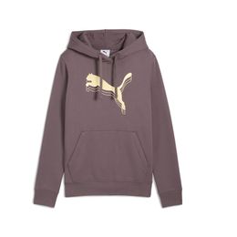 Kapuzensweatshirt Puma "ESS METALLIC HOODIE FL", Damen, Gr. L, raisin, metallic gold, Fleece, Obermaterial: 68% Baumwolle, 32% Polyester, bedruckt, regular fit normal, Rundhals, Sweatshirts