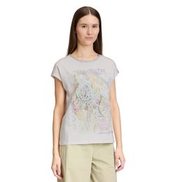 Kurzarmshirt Cartoon "Damen Rundhals-Shirt mit Placement", Damen, Gr. 34, beige (patch cream, rosé), Obermaterial: 100% Baumwolle., loose fit normal, Rundhals, Shirts, Aufgesteppte Bänder