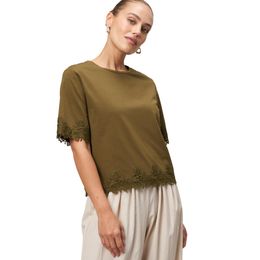 Kurzarmshirt Zero "Damen Shirt mit Spitzenbesatz", Damen, Gr. 34, grün (schwarz olive), Single Jersey, Obermaterial: 58% Viskose, 38% Baumwolle, 4% Elastan. Ärmelfutter: ohne Futter., unifarben, figurbetont normal, Rundhals, weit, Shirts, Spitze